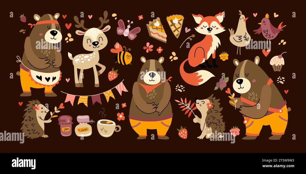 Forest cute animal set cartoon. Colorful autumn characters - bear, fox ...