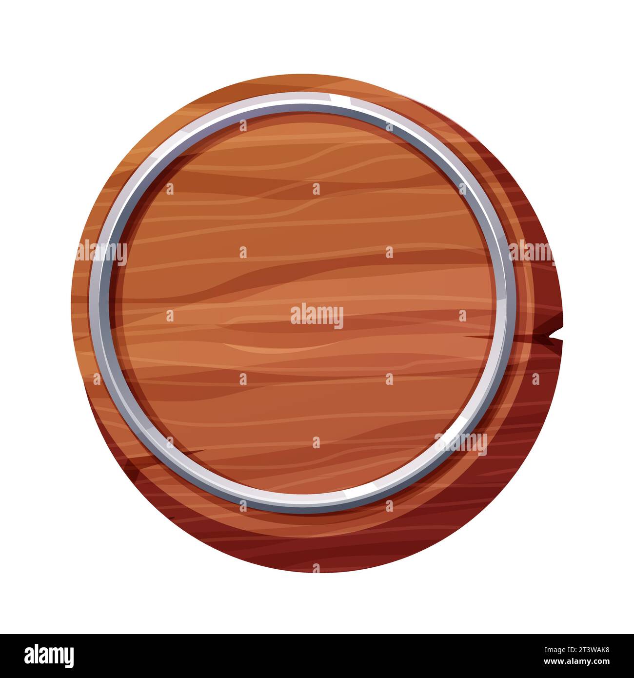 Wood circle panel with metal border, frame in cartoon style isolated on ...