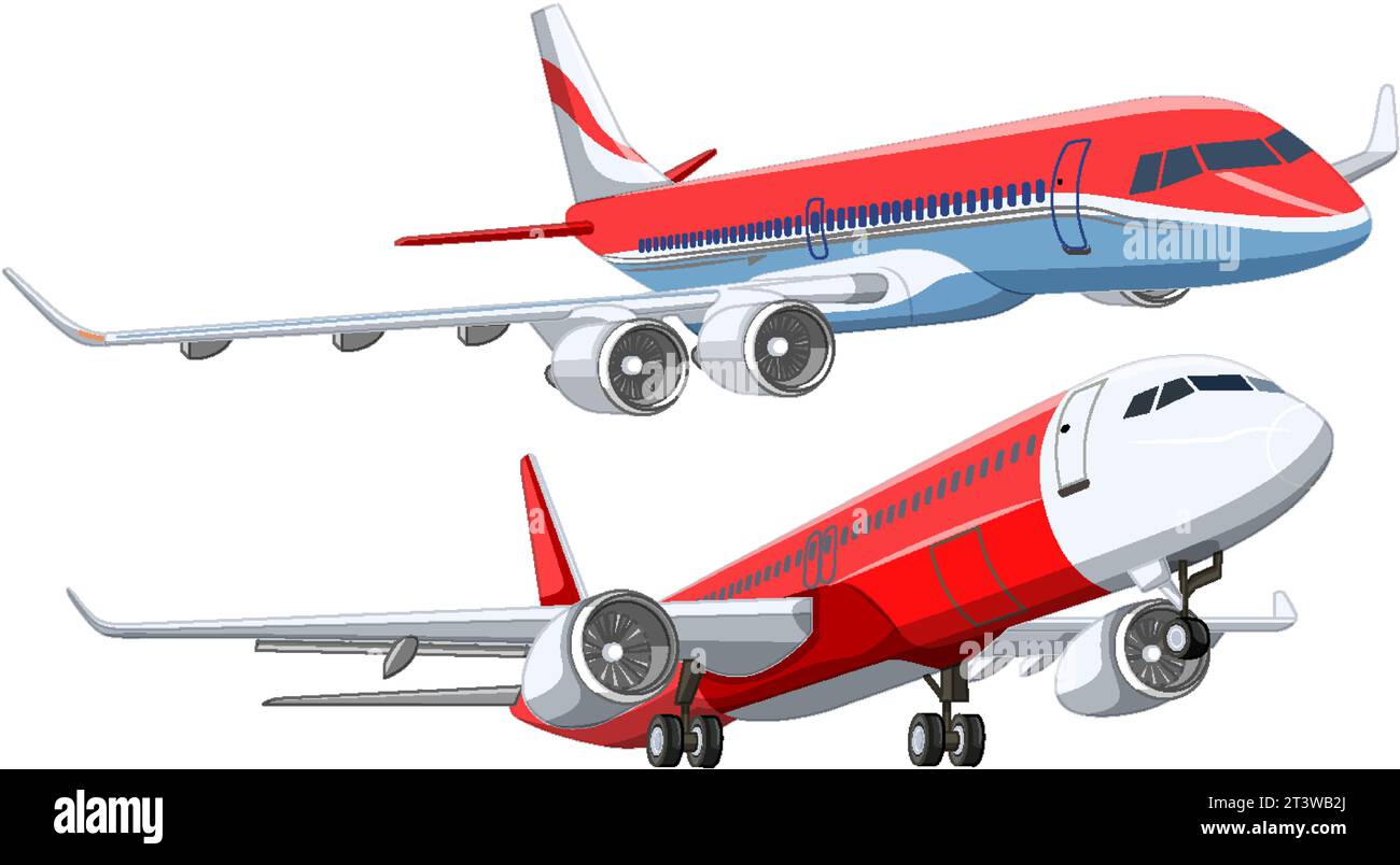 A vector cartoon illustration of a set of commercial airline airplanes ...