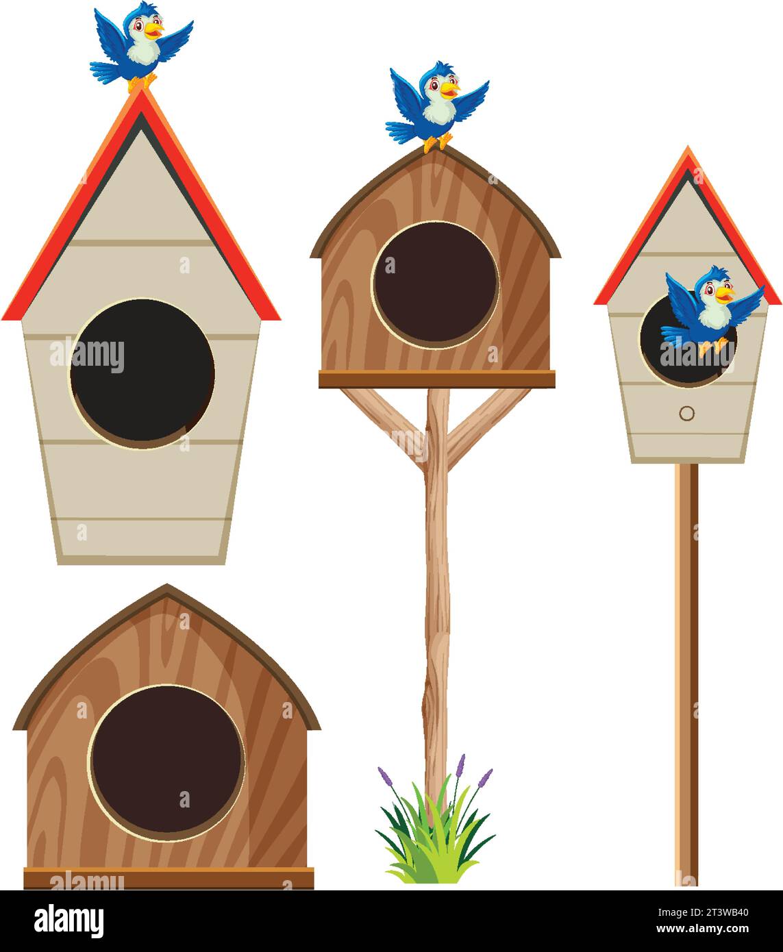 A delightful vector cartoon illustration of a bird house and blue bird ...