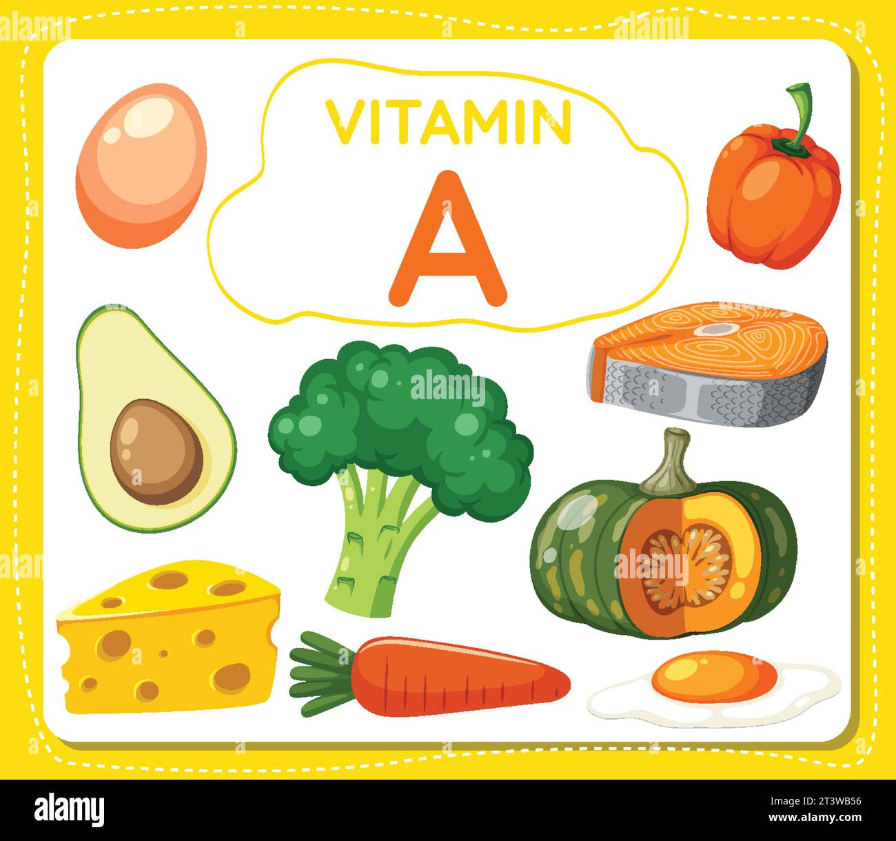 Colorful cartoon illustration of a Vitamin A frame banner with various ...