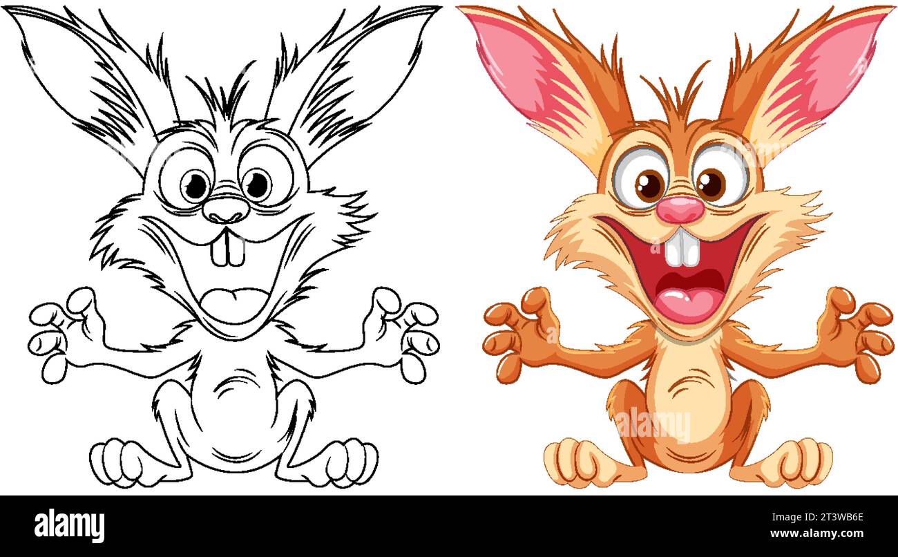 A cartoon rabbit with a scary smile jumping and outlined for coloring ...