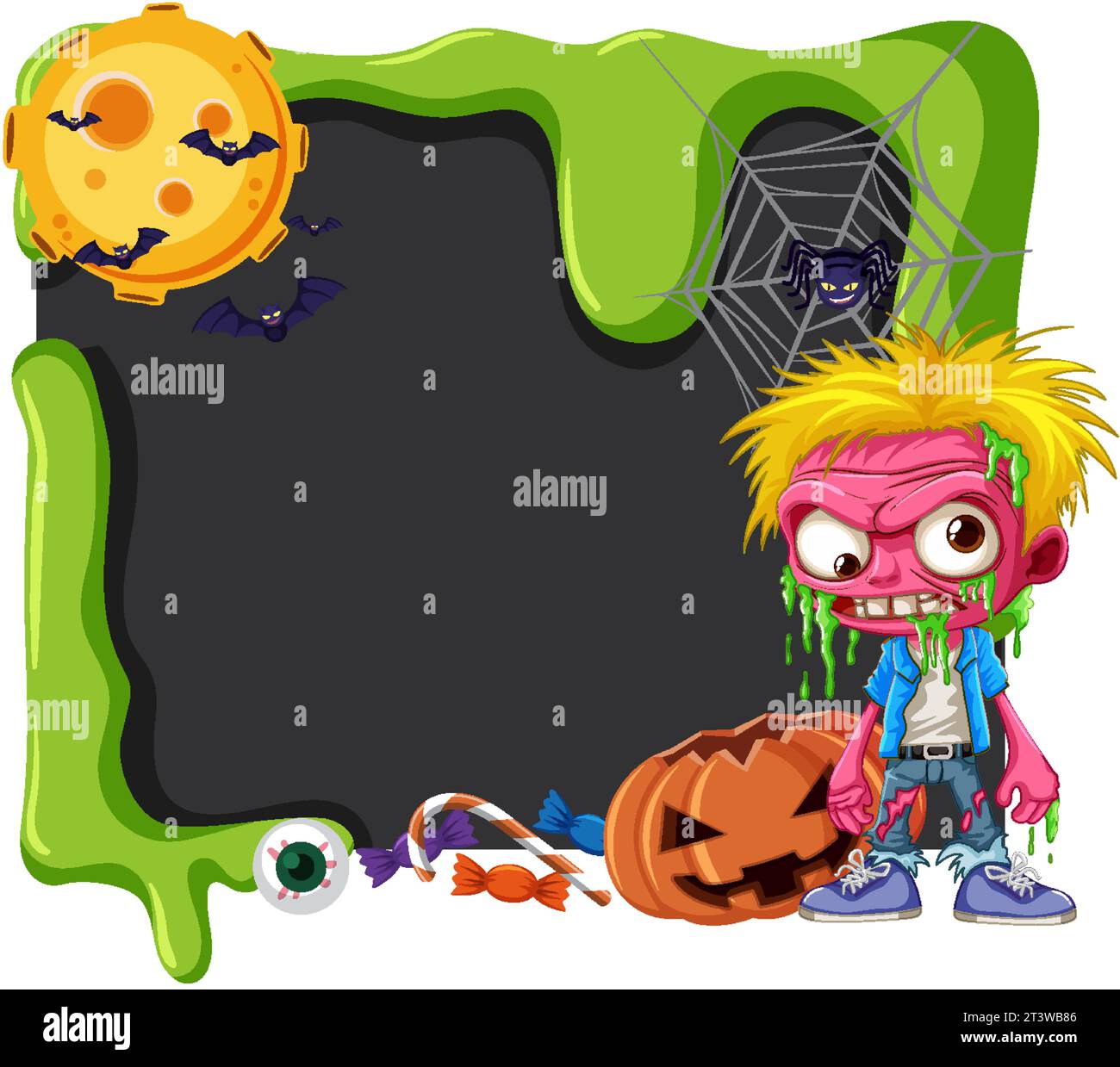 A vector cartoon illustration of a zombie standing next to various ...