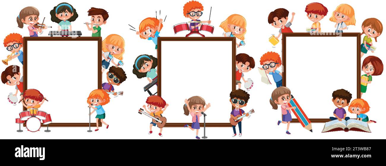 Vector cartoon illustration of children participating in multiple ...