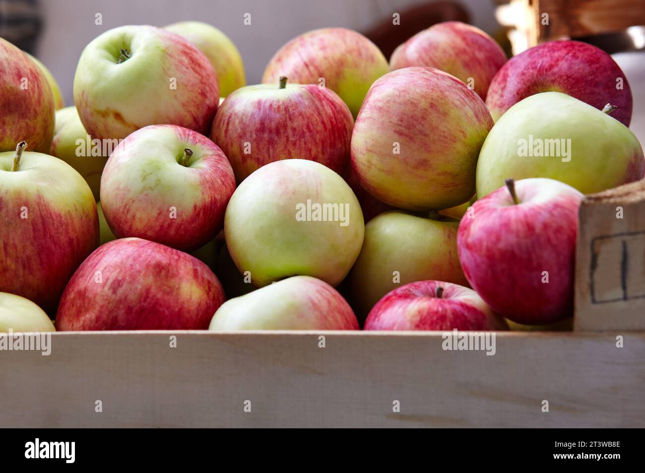 Wooden crate box full of fresh apples. Overhead view of fresh organic ...