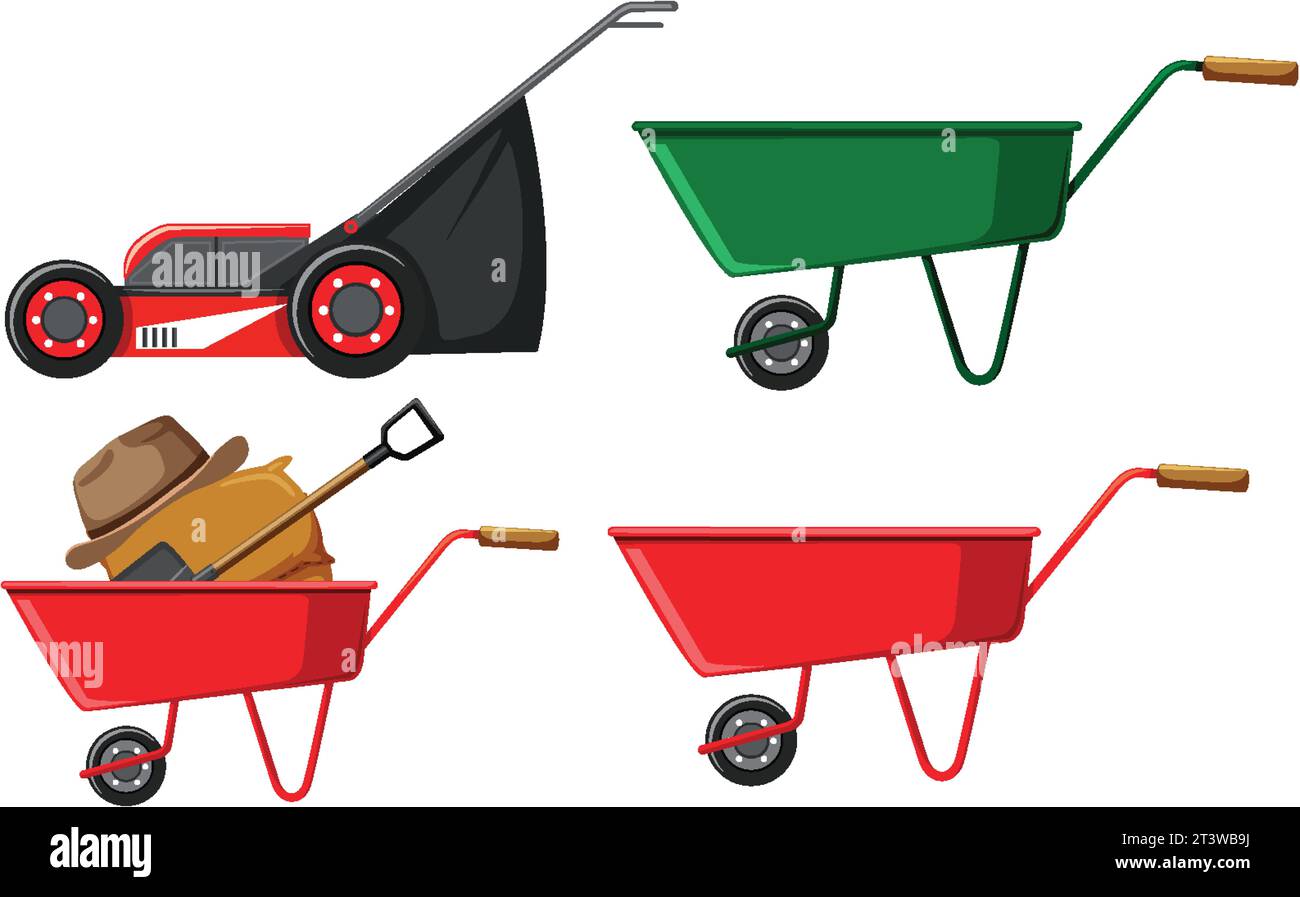 Illustration of garden tools: lawn mower and wheelbarrow Stock Vector ...