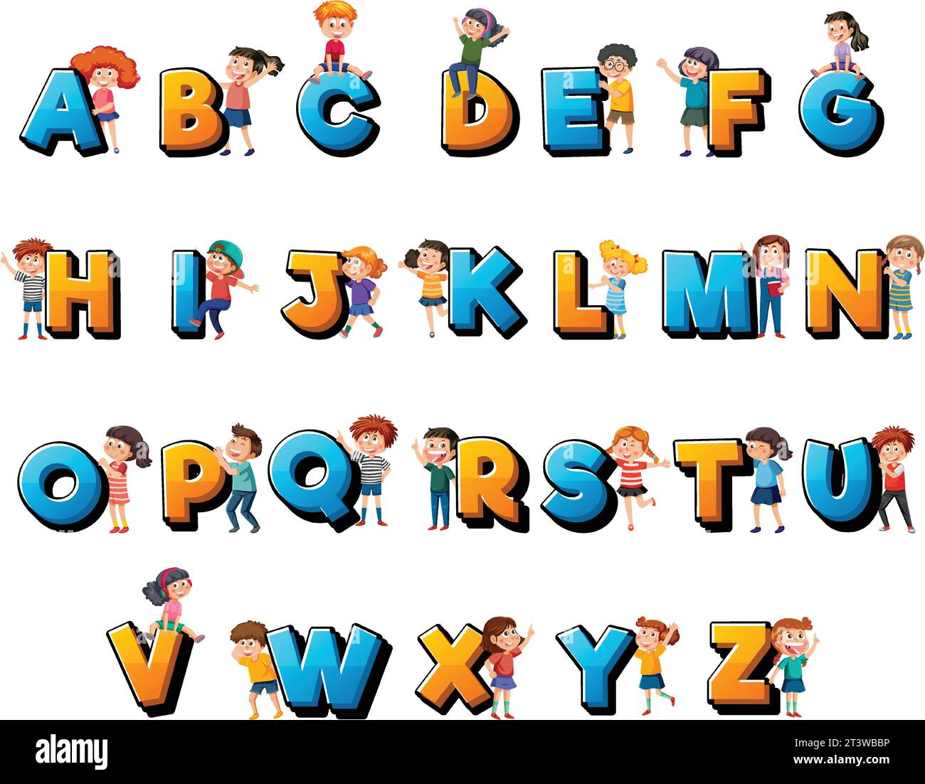 Vector cartoon illustration of English alphabet with boy and girl ...