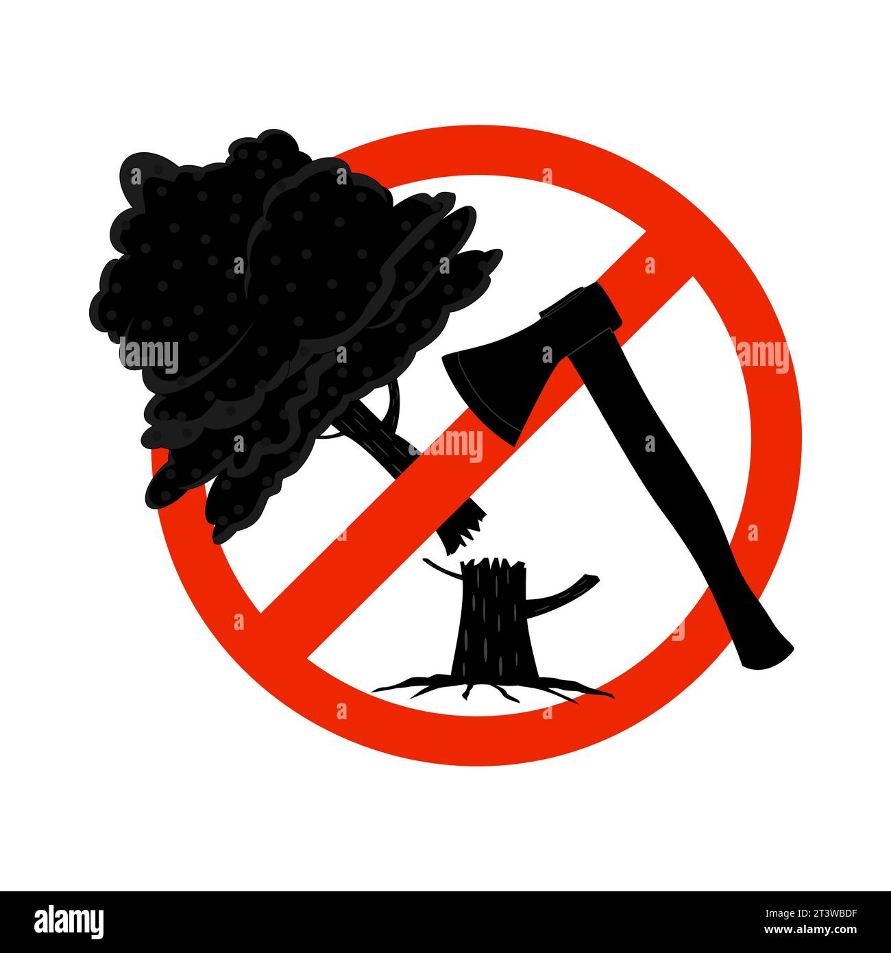 Sign with axe and tree on prohibition to cut down forest.Save our trees ...