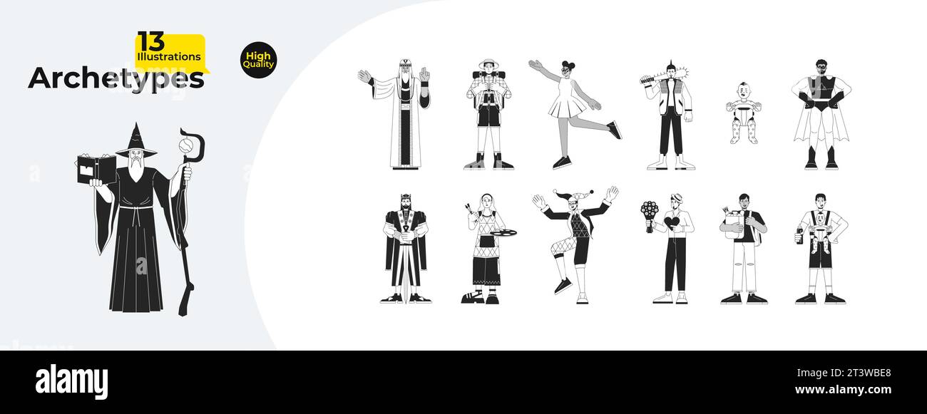 Character archetypes black and white cartoon flat illustration bundle ...