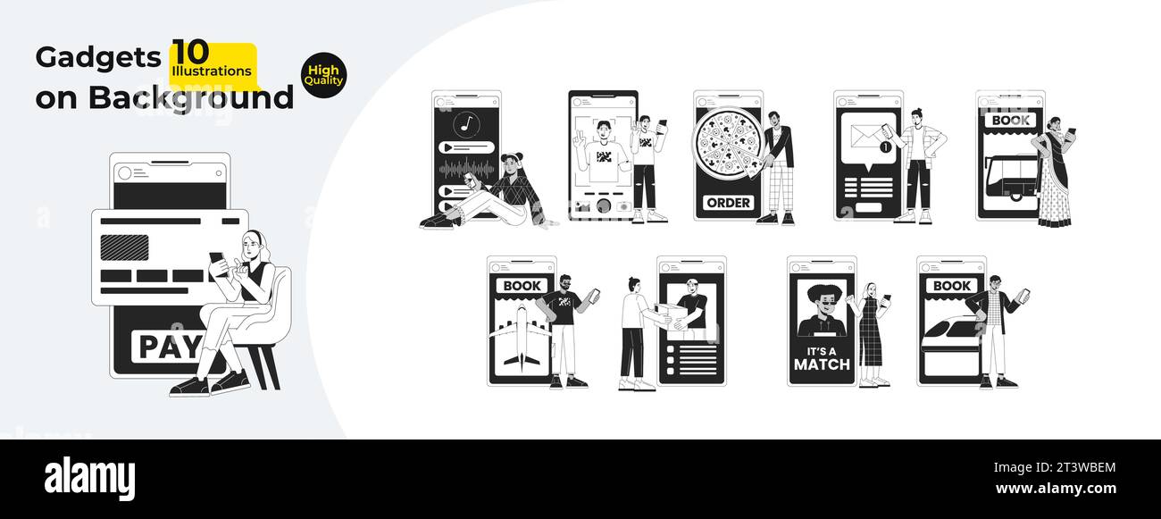 Using mobile apps black and white 2D illustration concepts bundle Stock ...