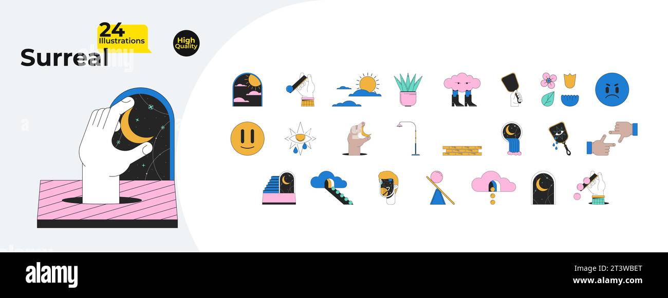 Surrealism dreams 2D linear cartoon concept objects bundle Stock Vector ...