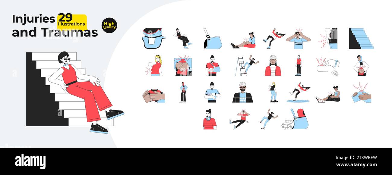Trauma injured people line cartoon flat illustration bundle Stock ...