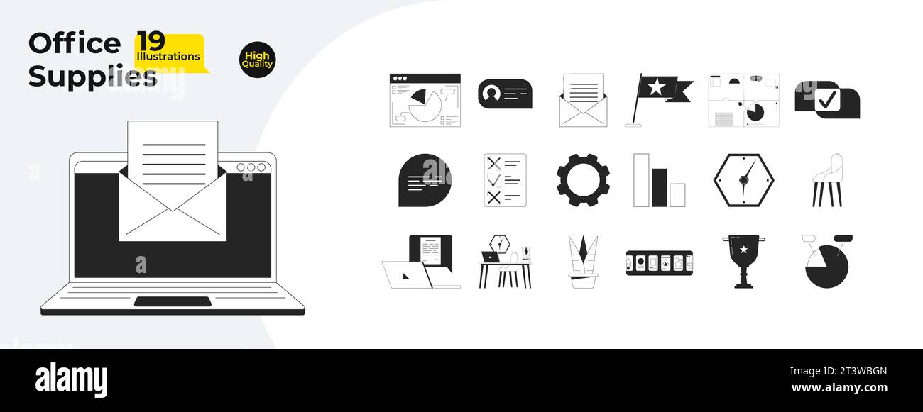 Stationery office supplies black and white 2D line cartoon objects ...