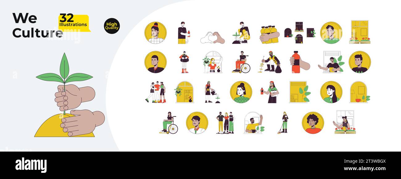 Members community collaboration line cartoon flat illustration bundle ...