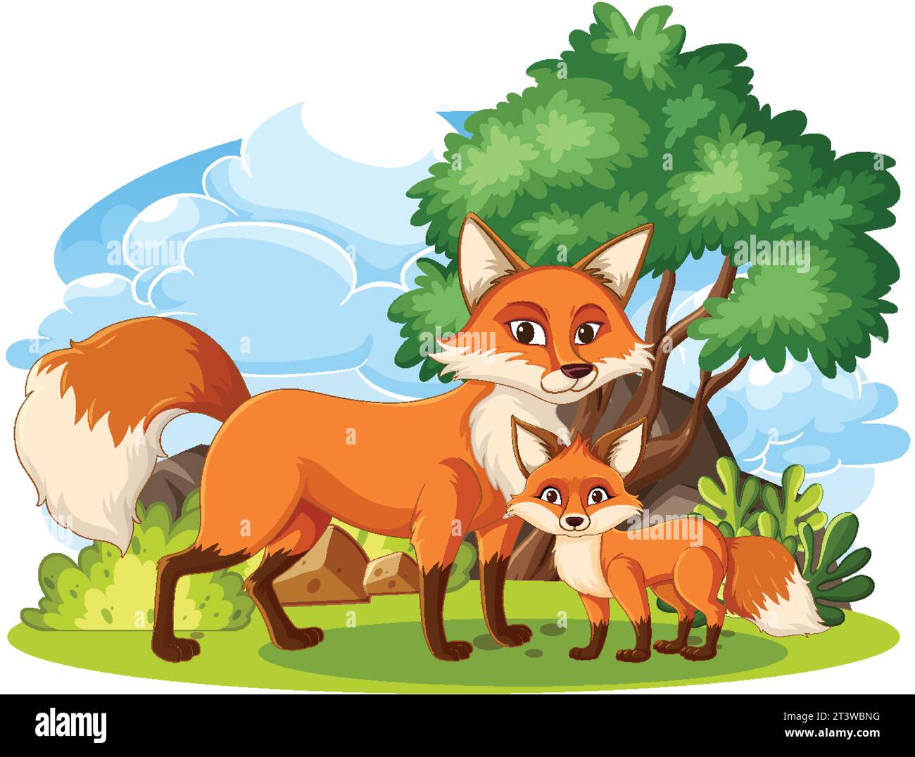 A vector cartoon illustration of a family of red foxes in their natural ...