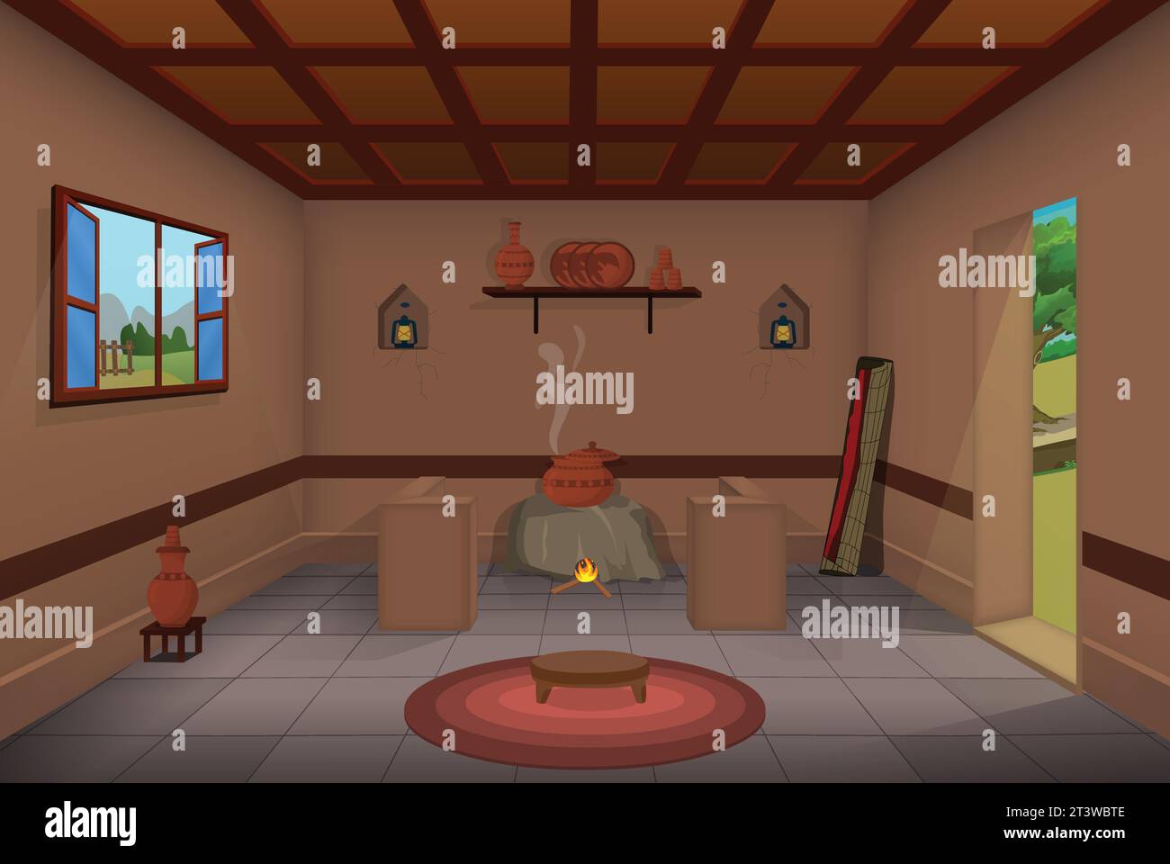 Village room inside vector, poor room interior, old cottage vector ...