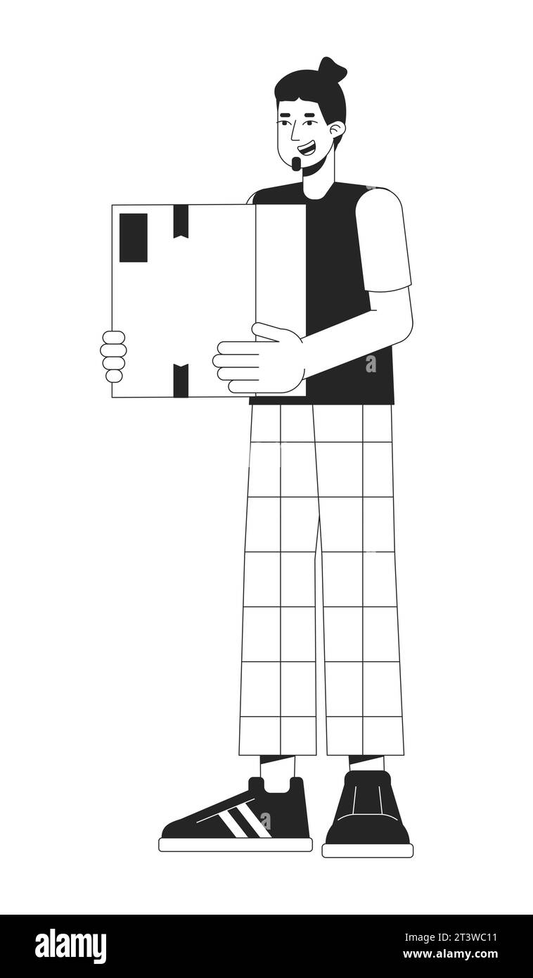 Caucasian man holding parcel cardboard box black and white 2D line cartoon character Stock ...