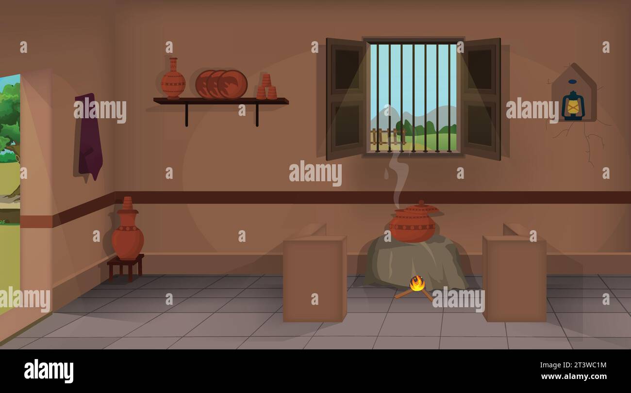 Village room inside vector, poor room interior, old cottage vector ...