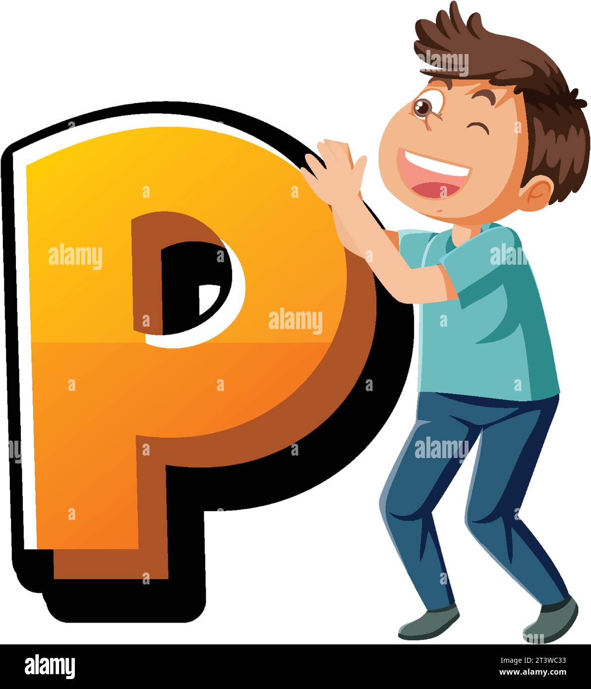 Vector cartoon illustration of English letter P with boy and girl ...