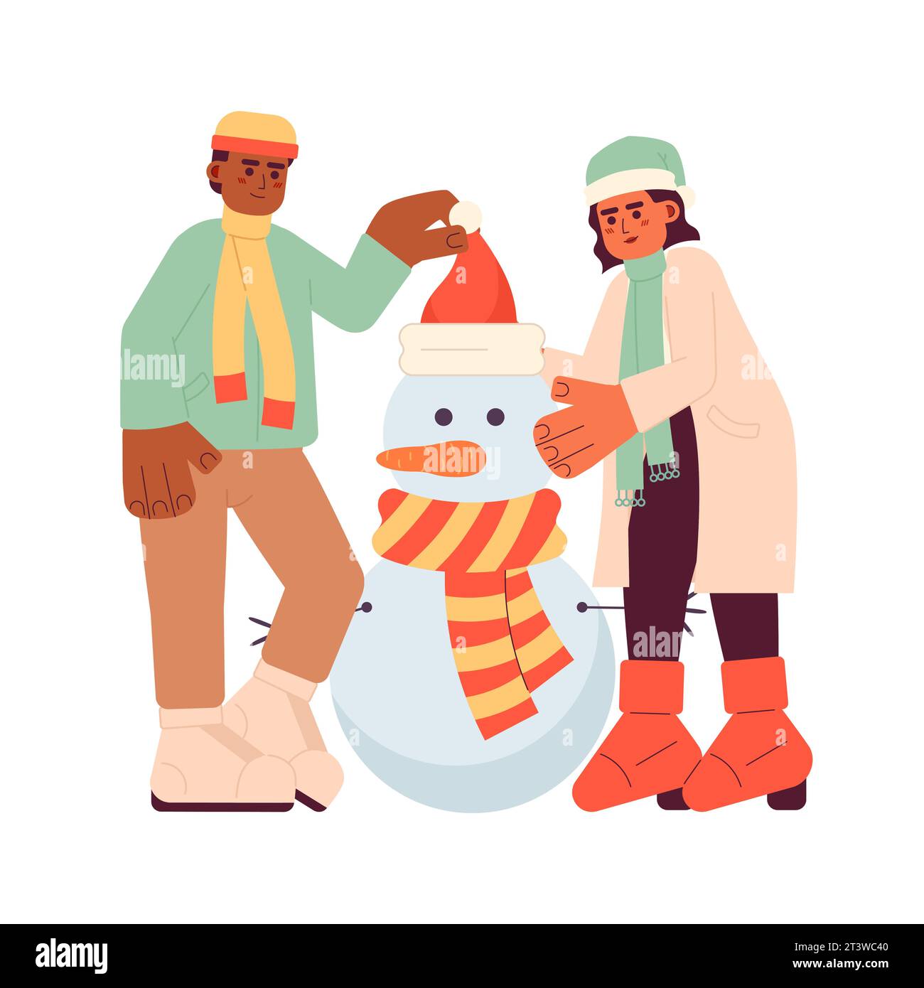 January snowman building Christmas tradition cartoon flat illustration ...