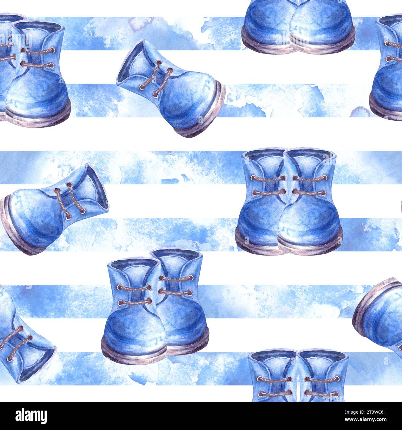 Seamless pattern with baby booties, shoes on watercolour blue stripes ...