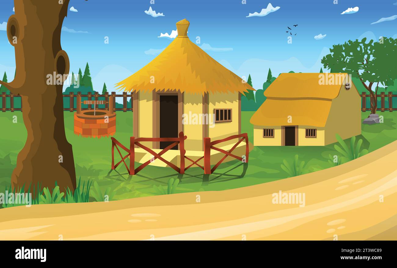 Village farm house old rural cottages, farmer house evening sky green ...