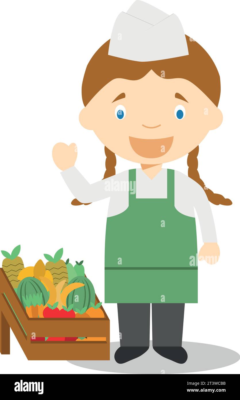 Cute cartoon vector illustration of a fruit seller. Women Professions ...
