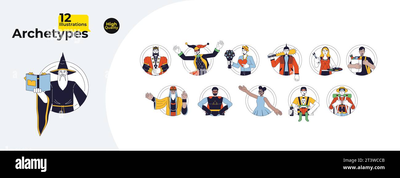 12 archetypes in society line cartoon flat illustration bundle Stock ...