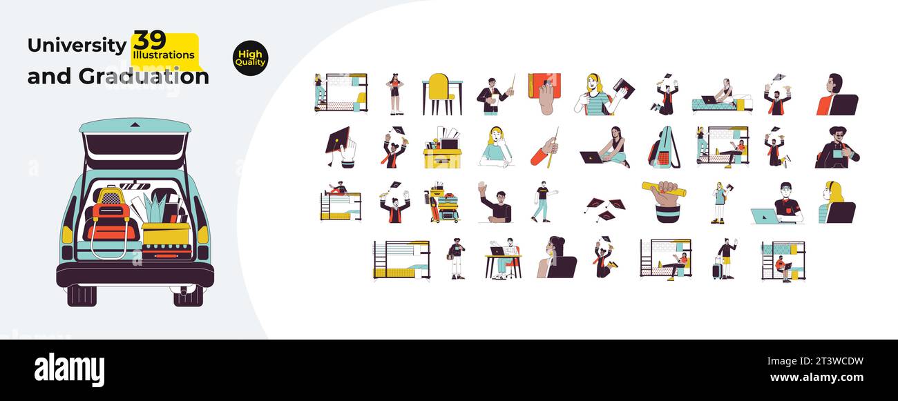 University students happy line cartoon flat illustration bundle Stock ...