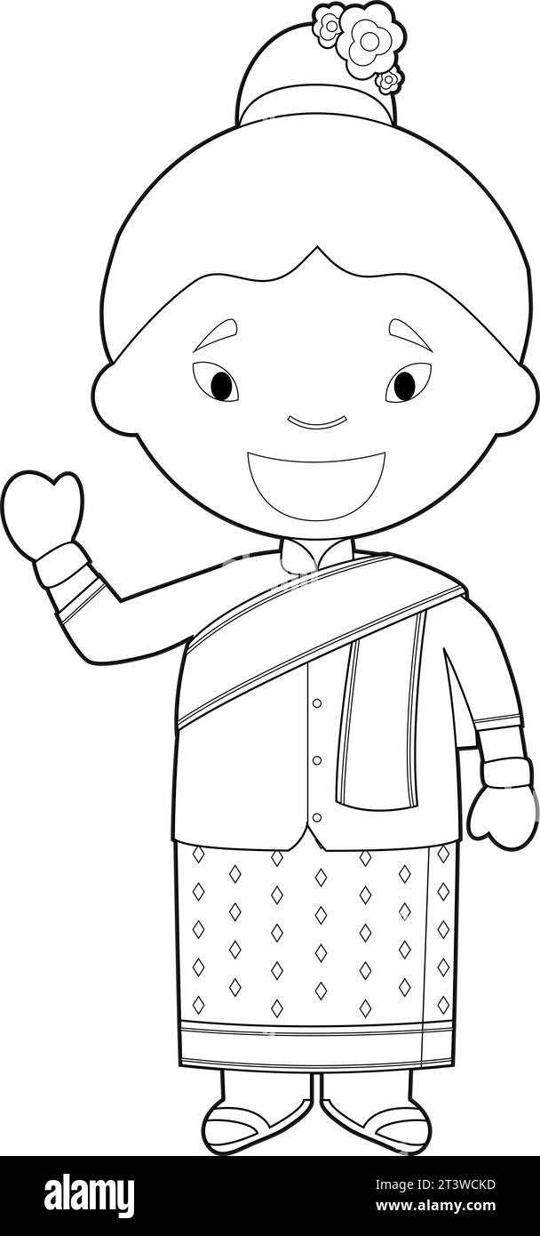 Easy coloring cartoon character from Laos dressed in the traditional ...