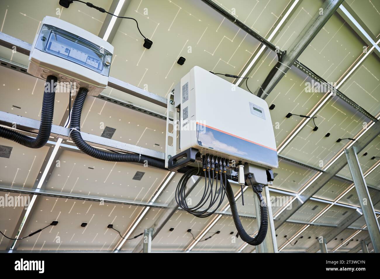 Starting work of solar panel. Solar inverter converting output current ...