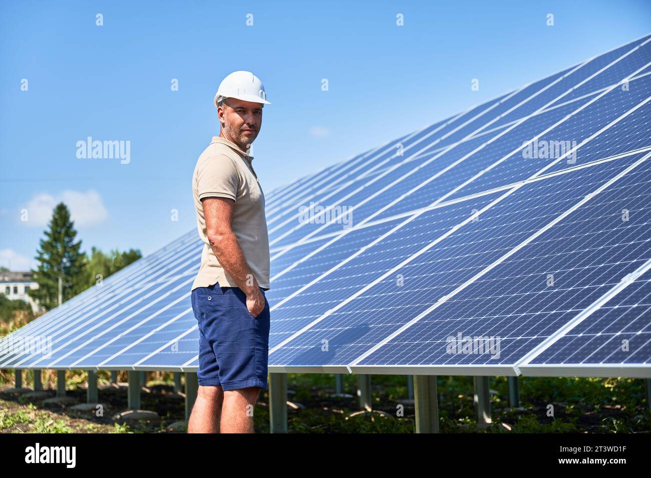 Professional worker checking PV solar panels. Adult man standing next ...