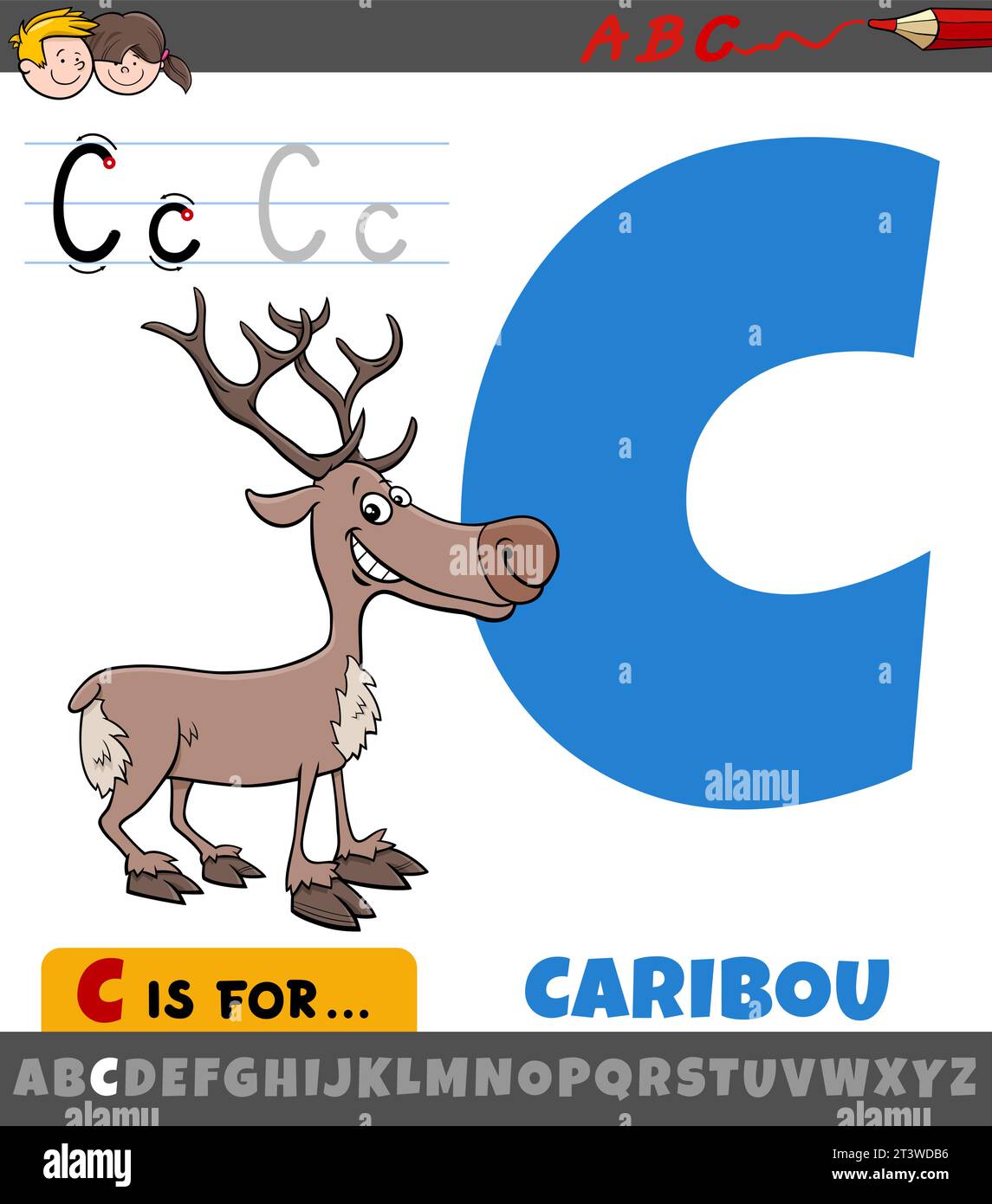 Educational cartoon illustration of letter C from alphabet with caribou ...