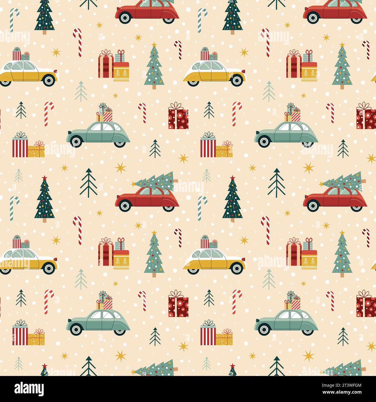 Christmas Pattern with Cars Carrying Cristmas Tree Stock Vector Image ...
