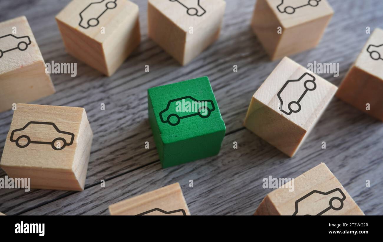 Wooden blocks with car icon. Transportation and buying a right car ...