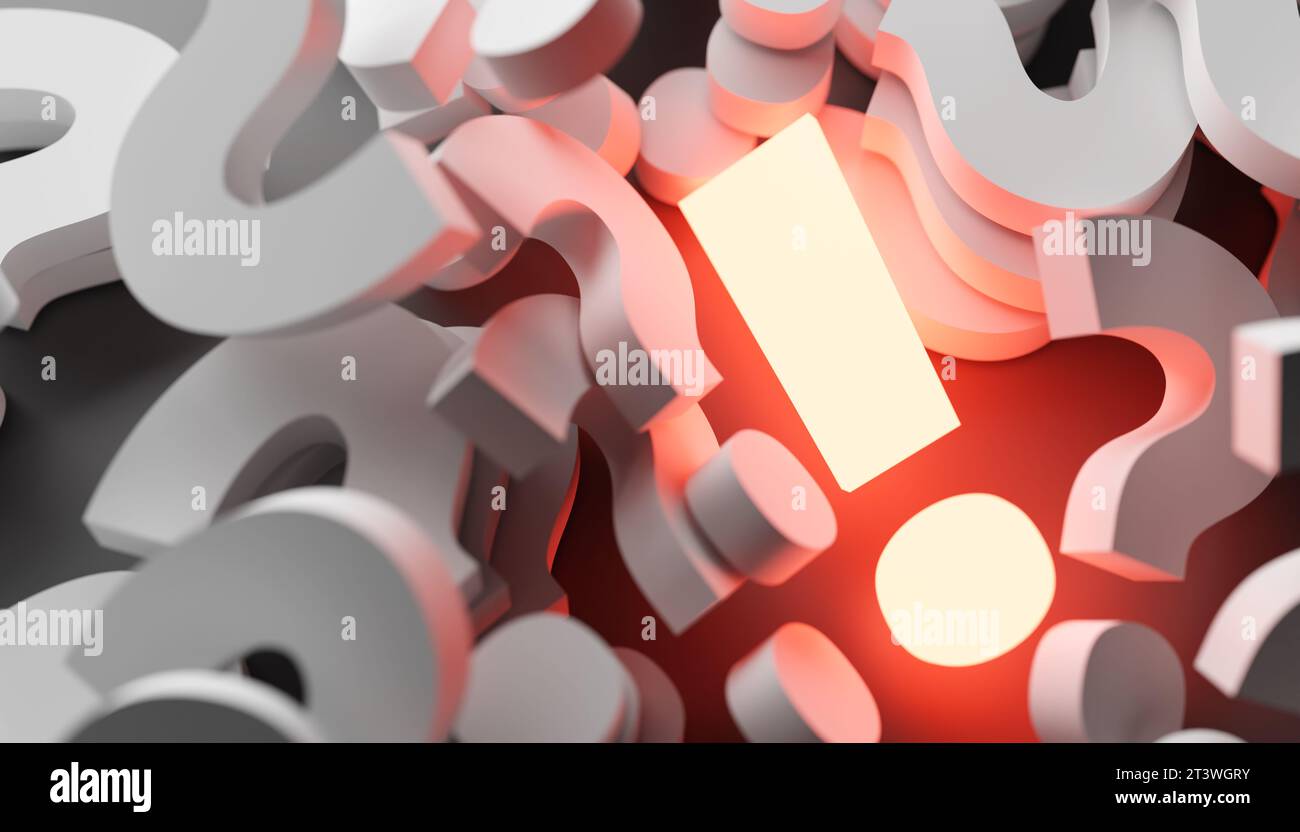 Concept background with glowing exclamation marks between various question marks, 3d rendering ...