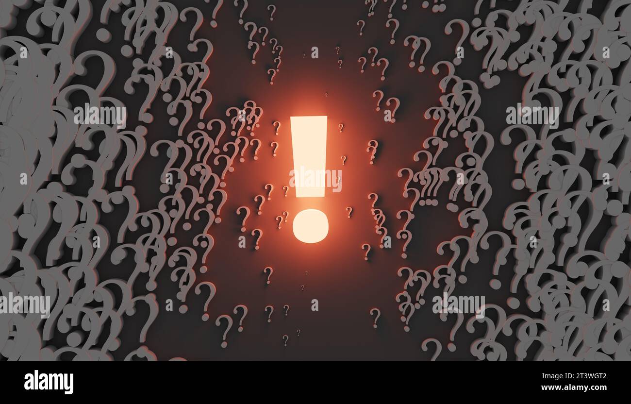 Concept background with glowing exclamation marks between various question marks, 3d rendering ...