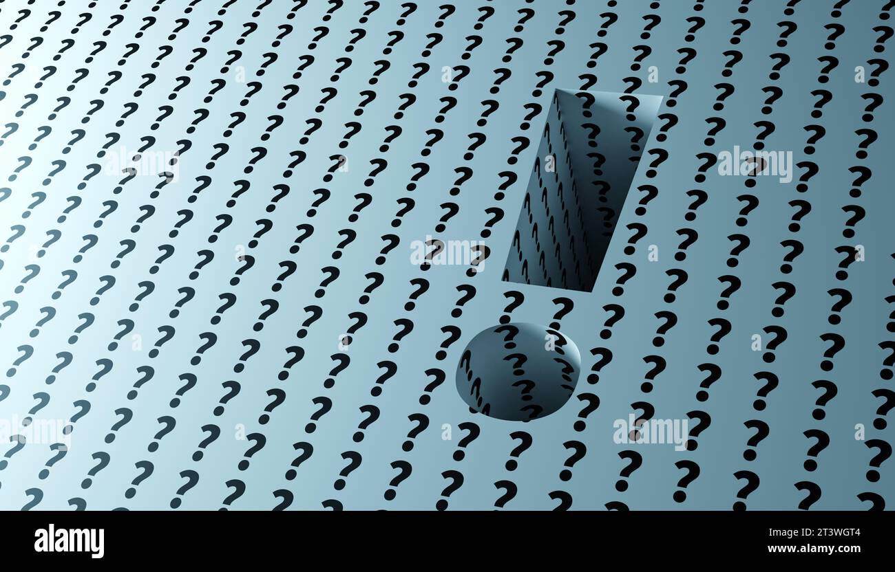 Concept background with 3d large exclamation mark figure among question ...