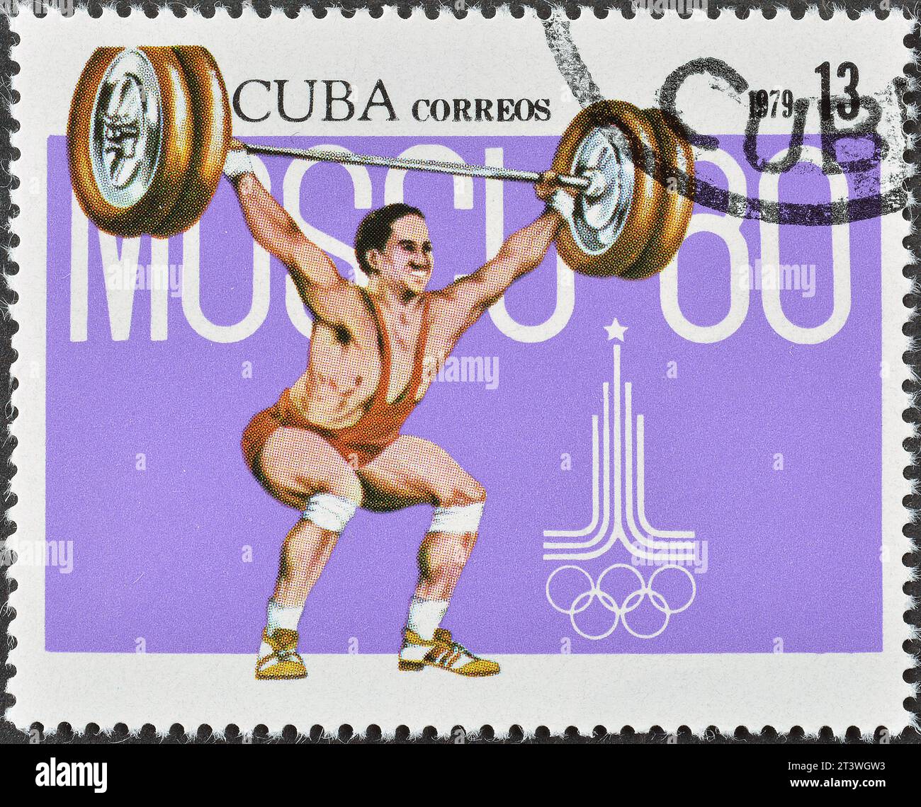 Cancelled postage stamp printed by Cuba, that shows Weight lifting ...