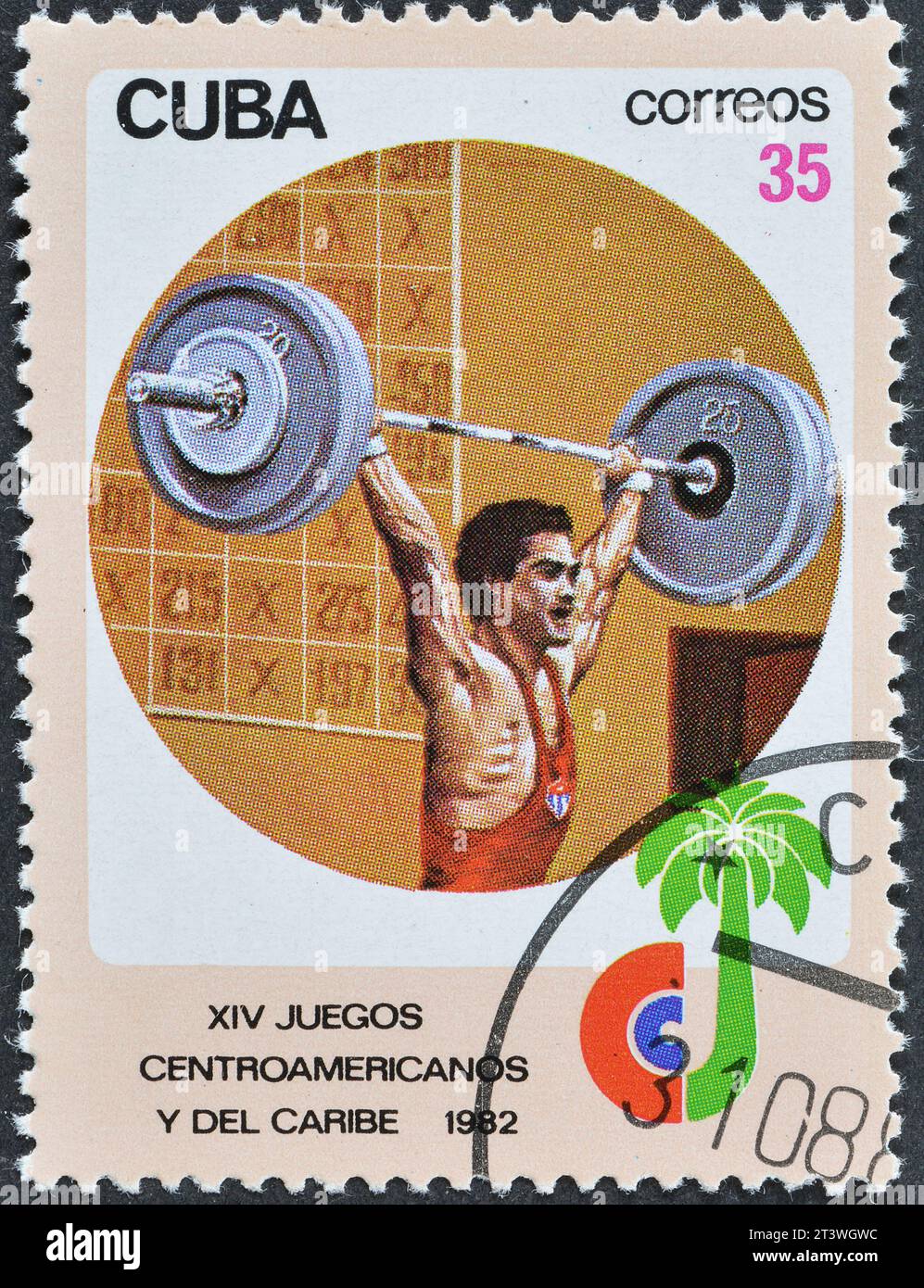 Cancelled postage stamp printed by Cuba, that shows Weight lifting, XIV ...