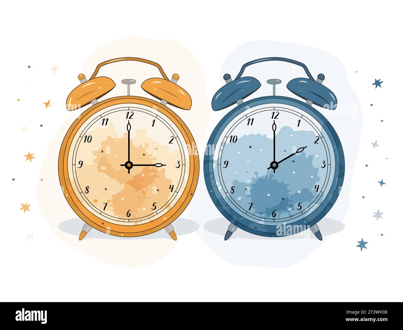 Illustration of two alarm clocks. The blue one symbolizes winter, the orange one autumn. Time ...