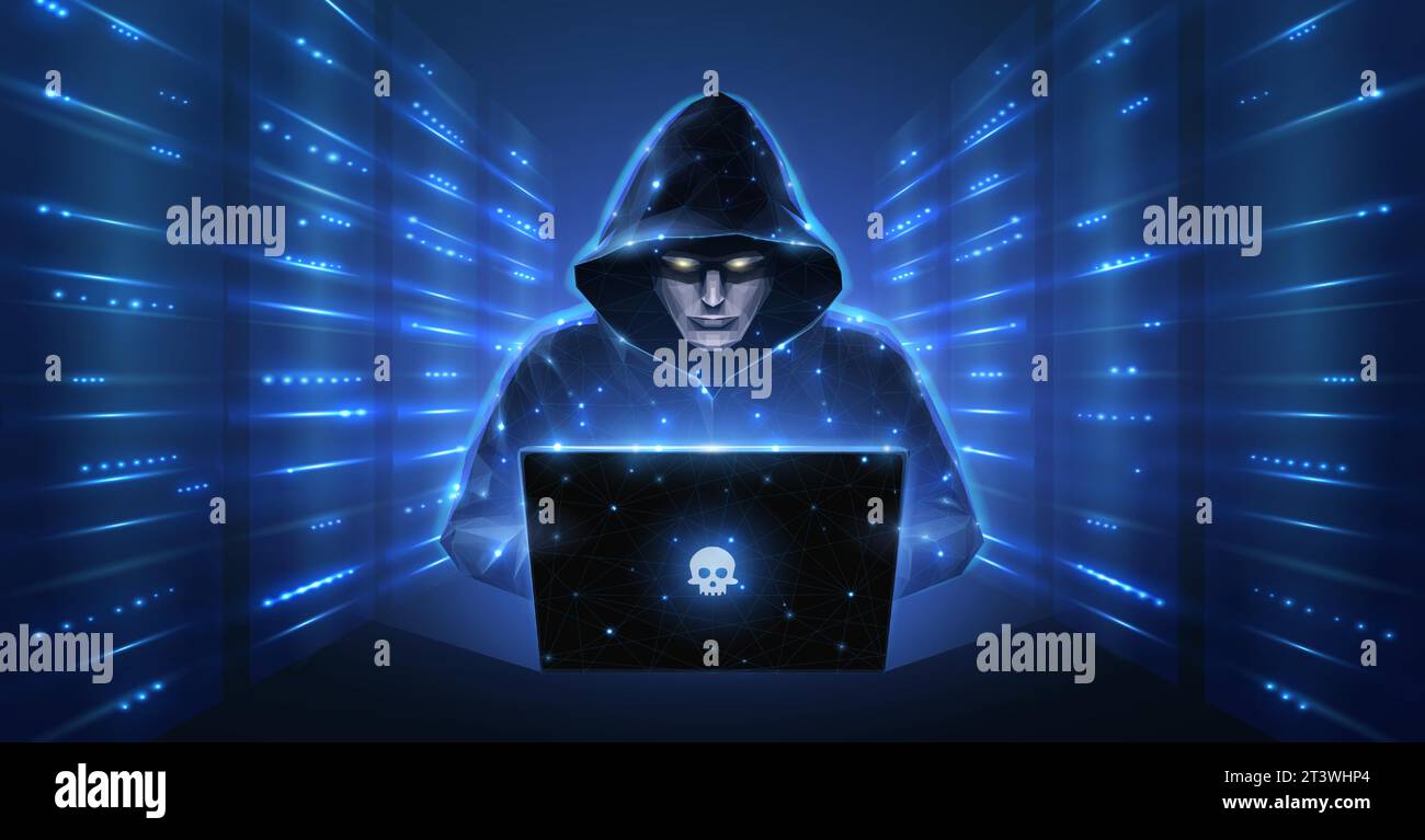 Hacker Cyber Criminal With Laptop And Server Room Behind It Cyber