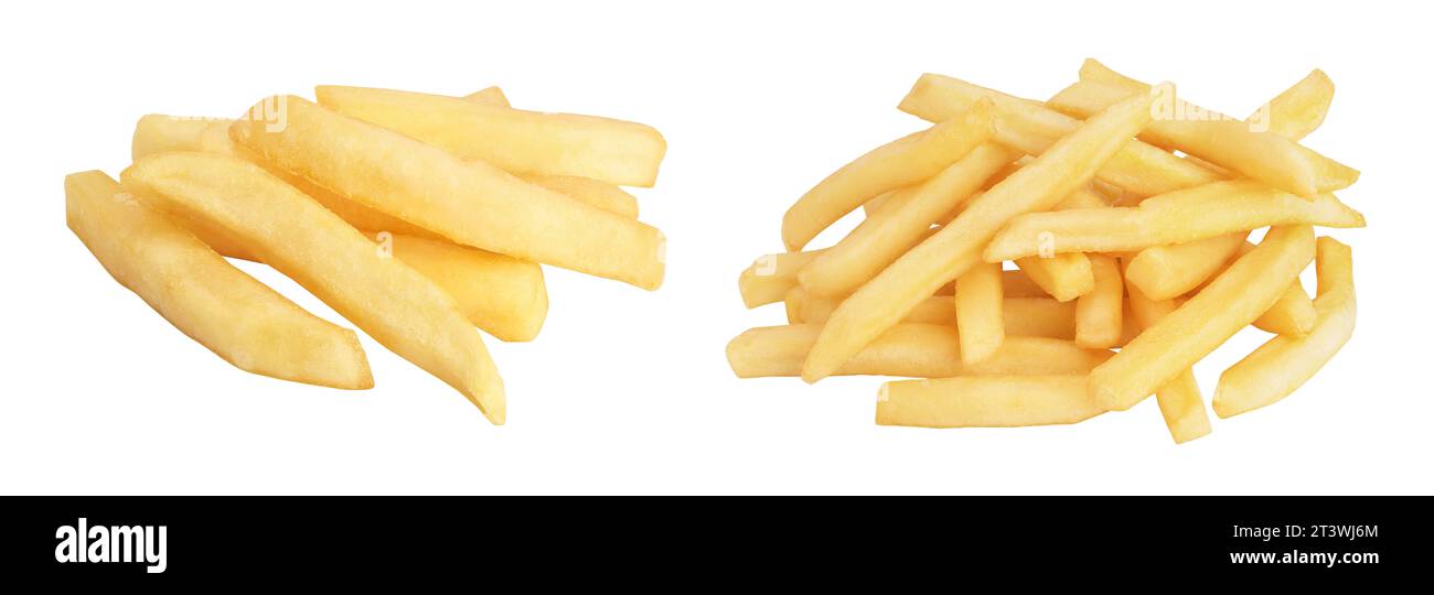 French fries or fried potatoes isolated on white background with full ...