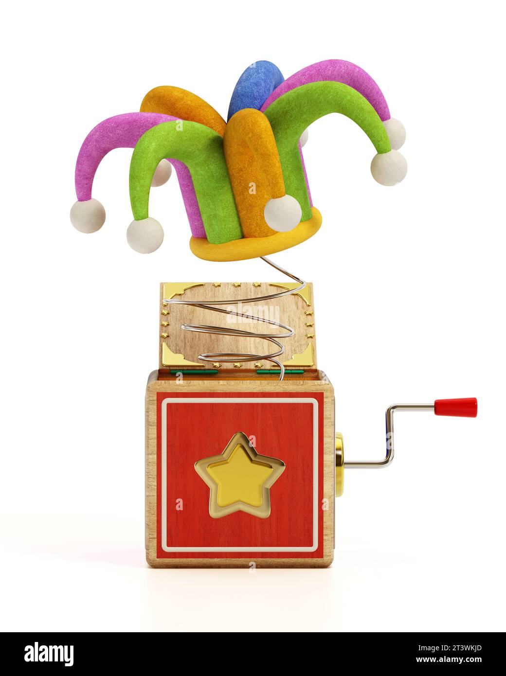 Joke surprise box with jester hat isolated on white background. 3D ...