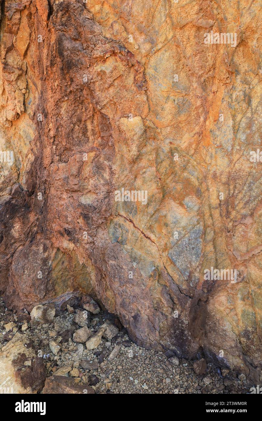 Colorful volcanic rock textures and minerals of a mountain in ...