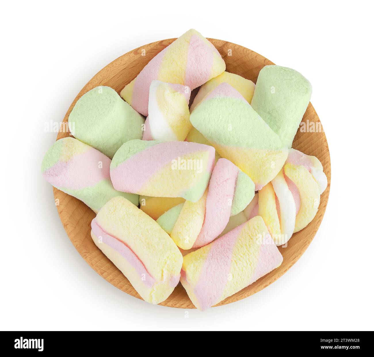 Colorful mini marshmallows in wooden bowl isolated on white background ...