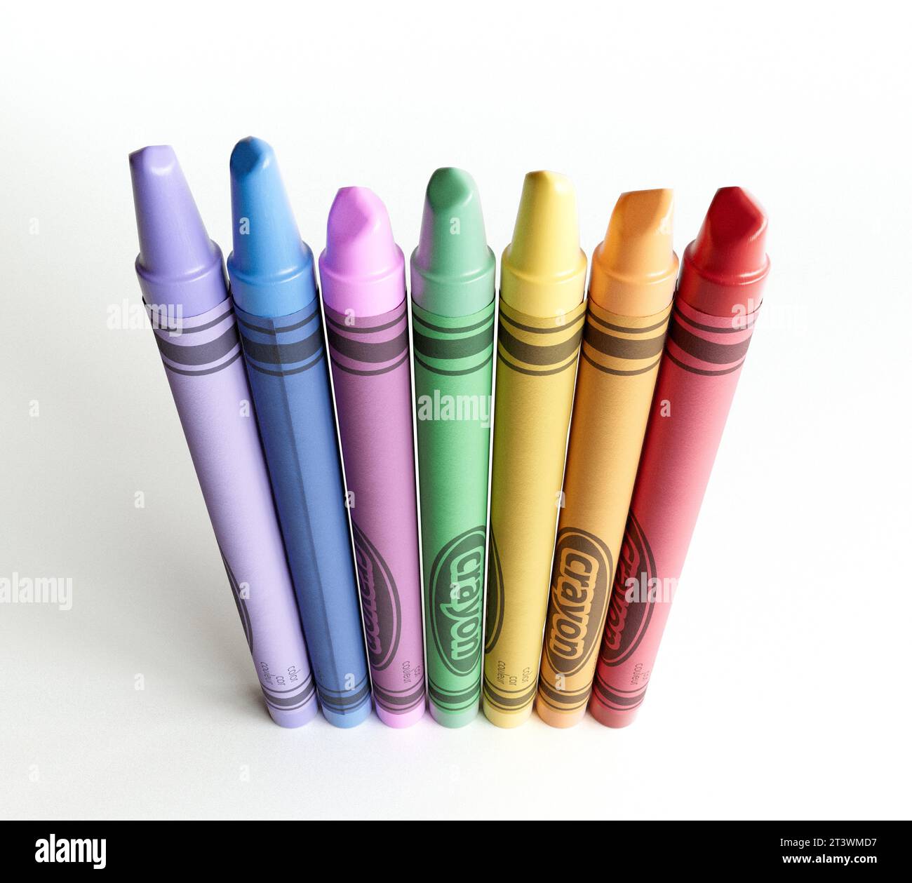A concept showing a few colorful worn childrens wax crayons with labels ...