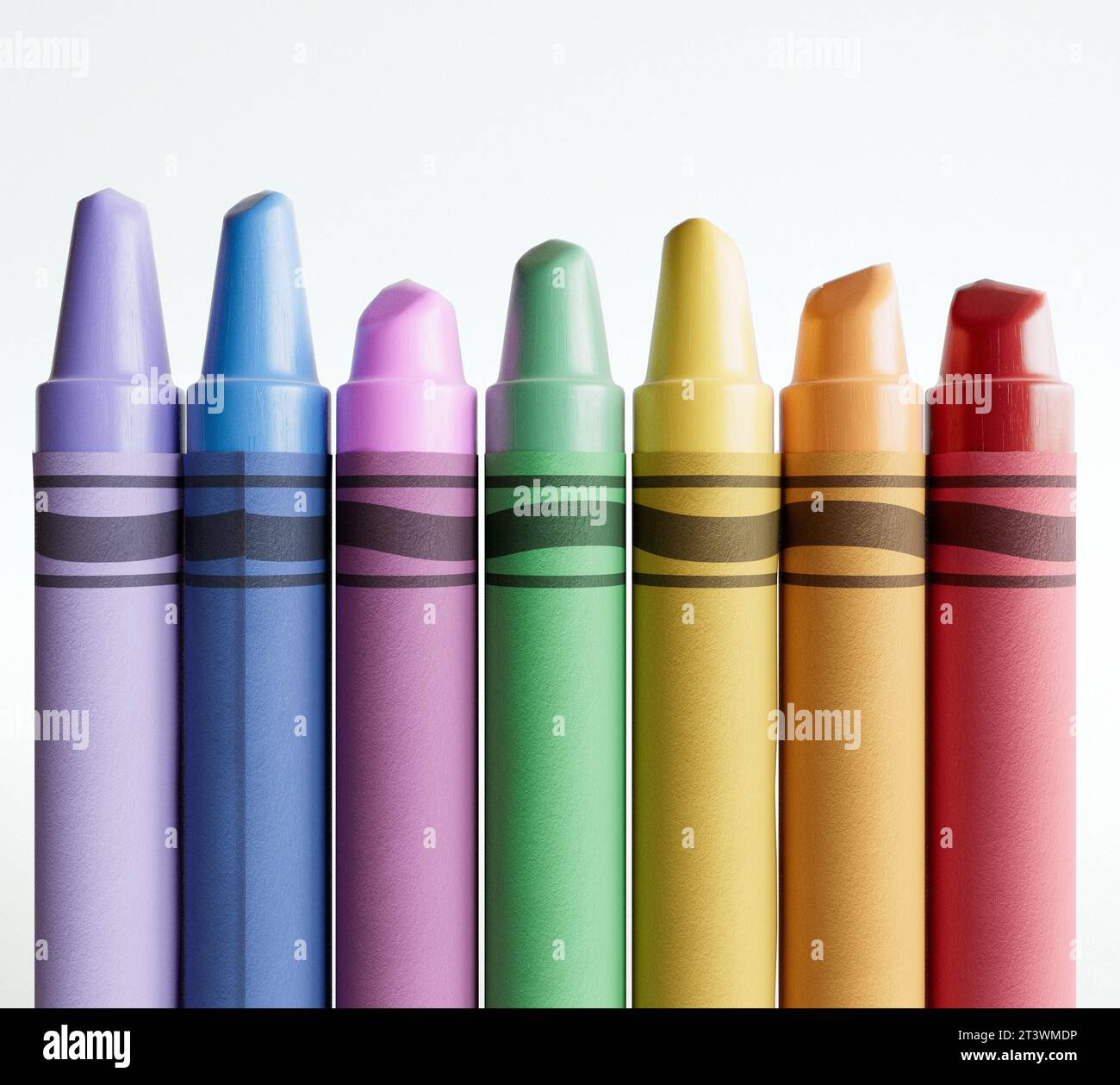 A concept showing a few colorful worn childrens wax crayons with labels ...