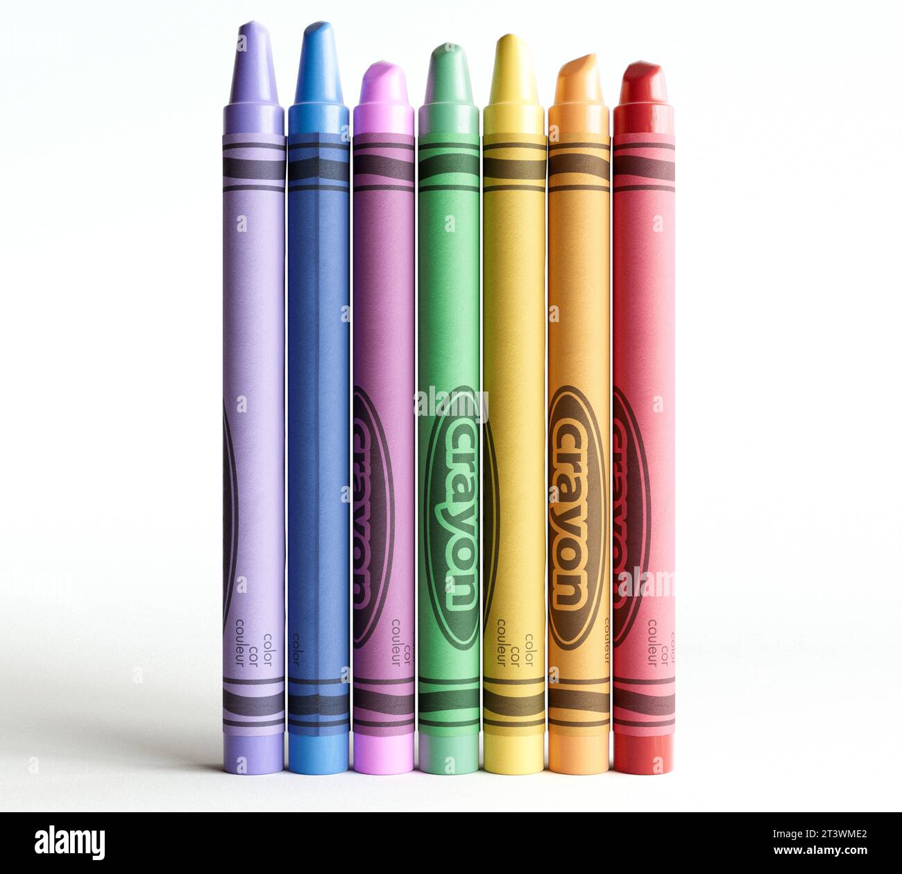 A concept showing a few colorful worn childrens wax crayons with labels ...