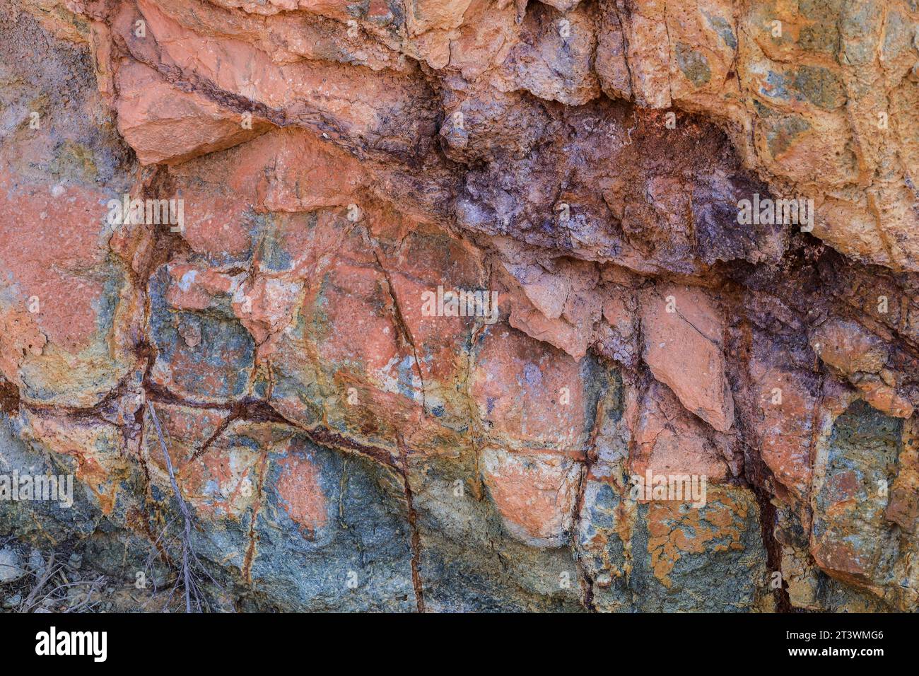 Colorful volcanic rock textures and minerals of a mountain in ...